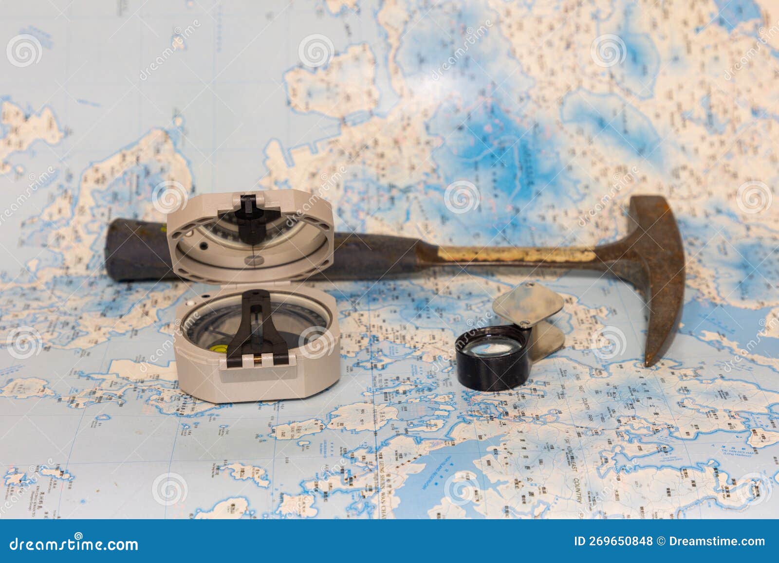 Geological Fieldwork Tools: Hammer, Compass, Magnifying Glass, Rock ...