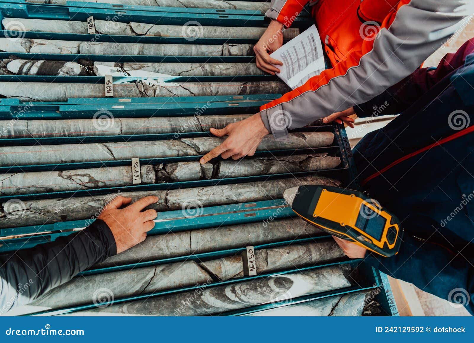Geological Gold Core Samples with Team of Mining Workers Measuring ...