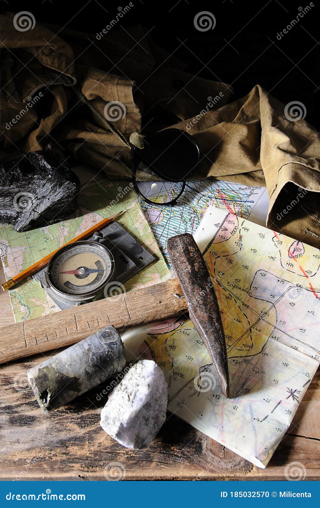 Geological Tools - Maps, Hammer, Notepad, Geological Compass ...