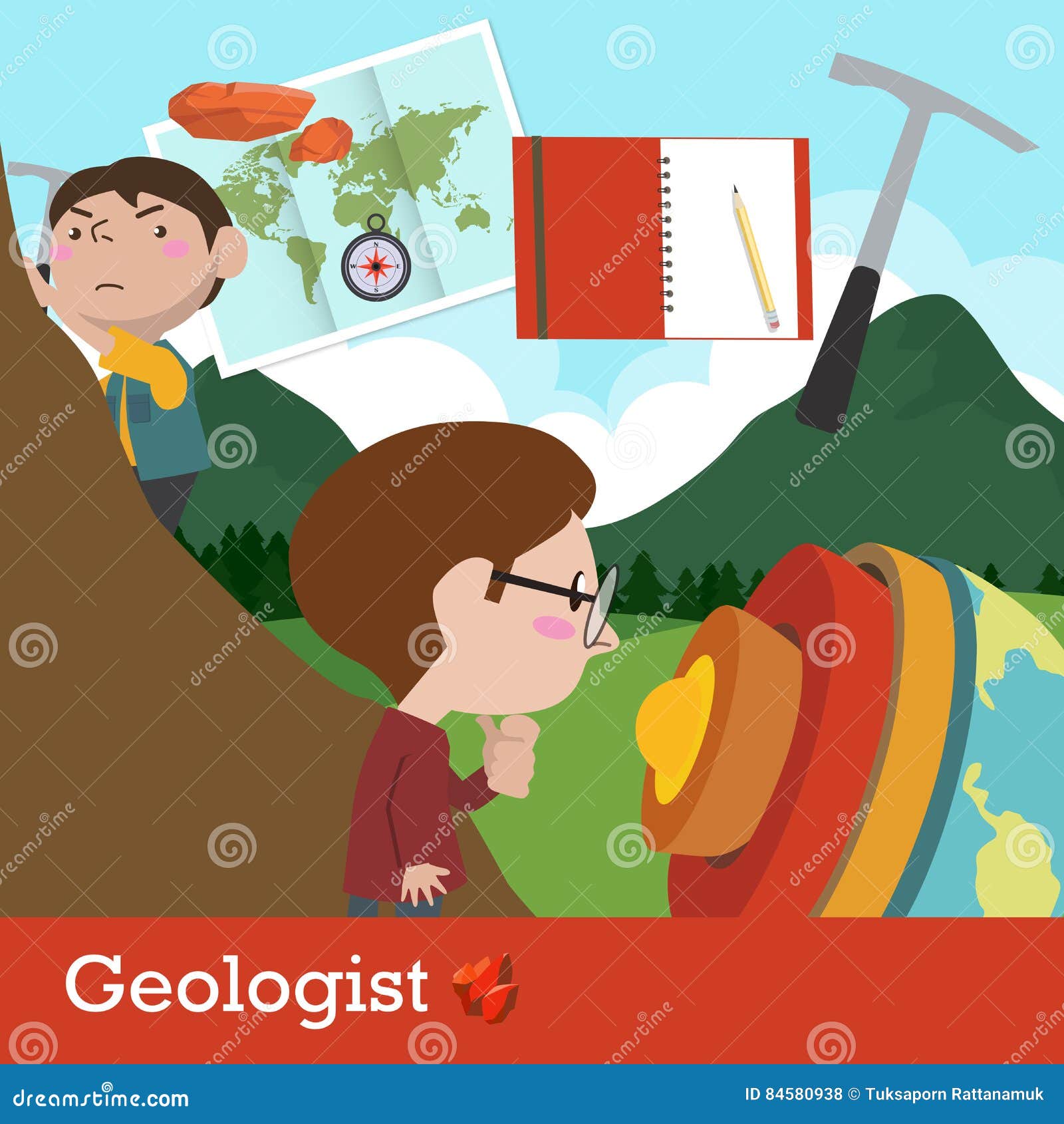 Cartoon Man Geologist Showing Pictures Of Rocks And Mountains Stock ...