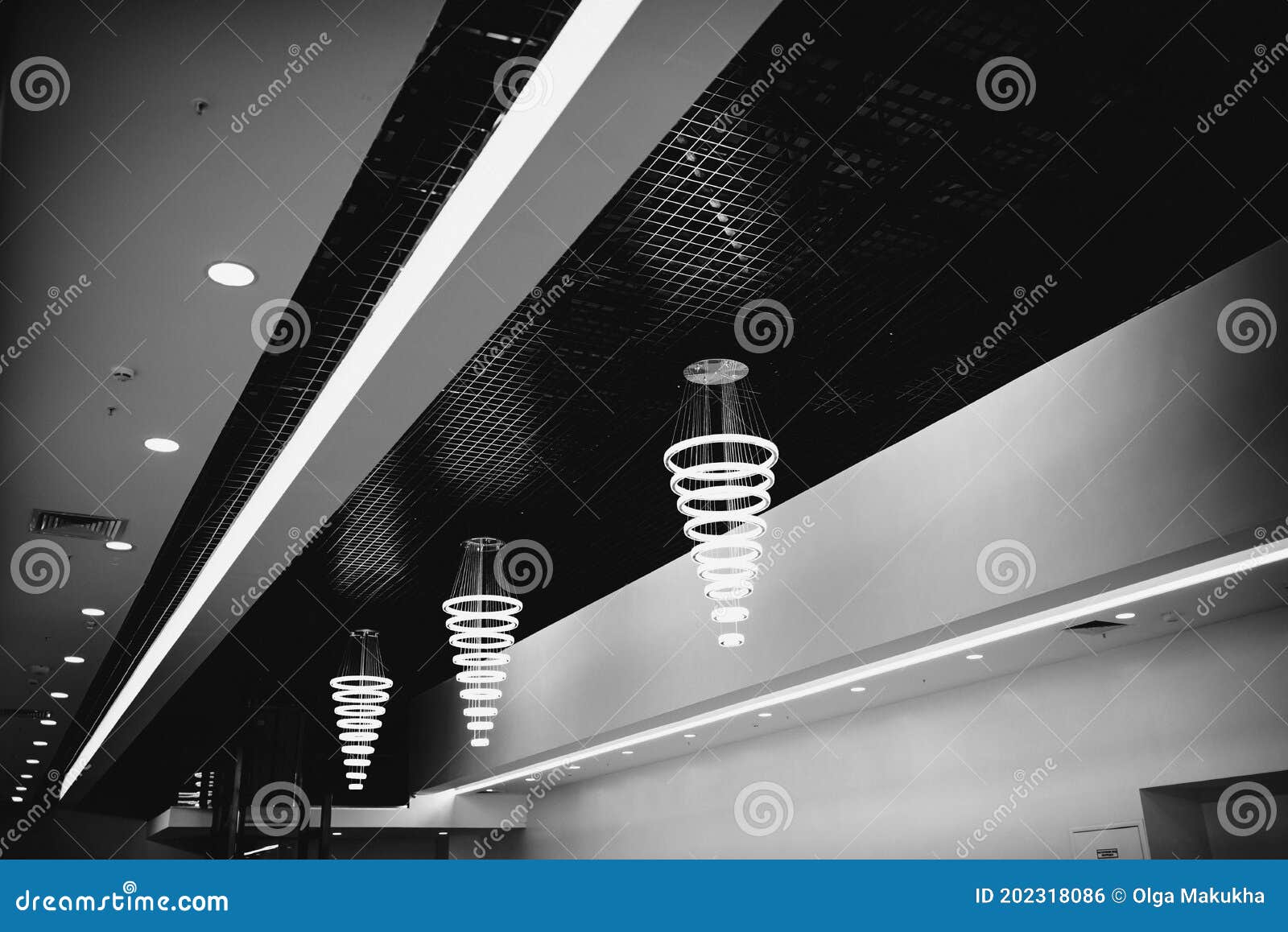 The Geometric Architecture of the Ceiling of a Modern Building. Black ...