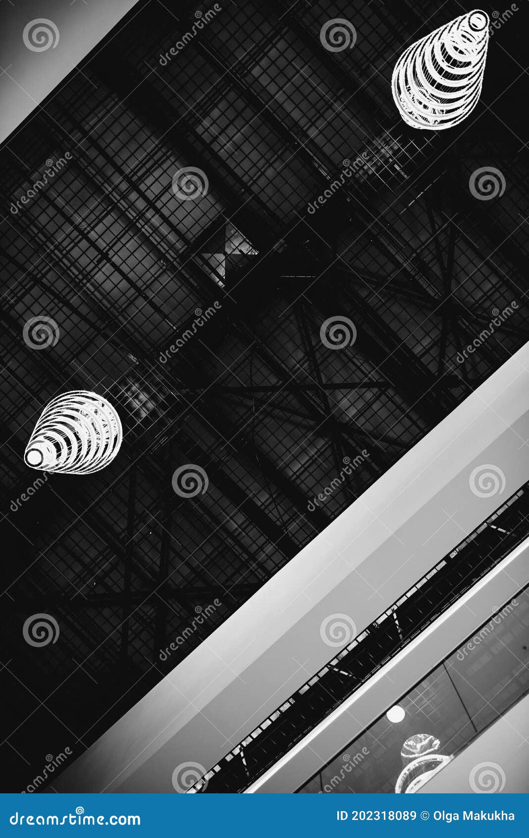 The Geometric Architecture of the Ceiling of a Modern Building. Black ...