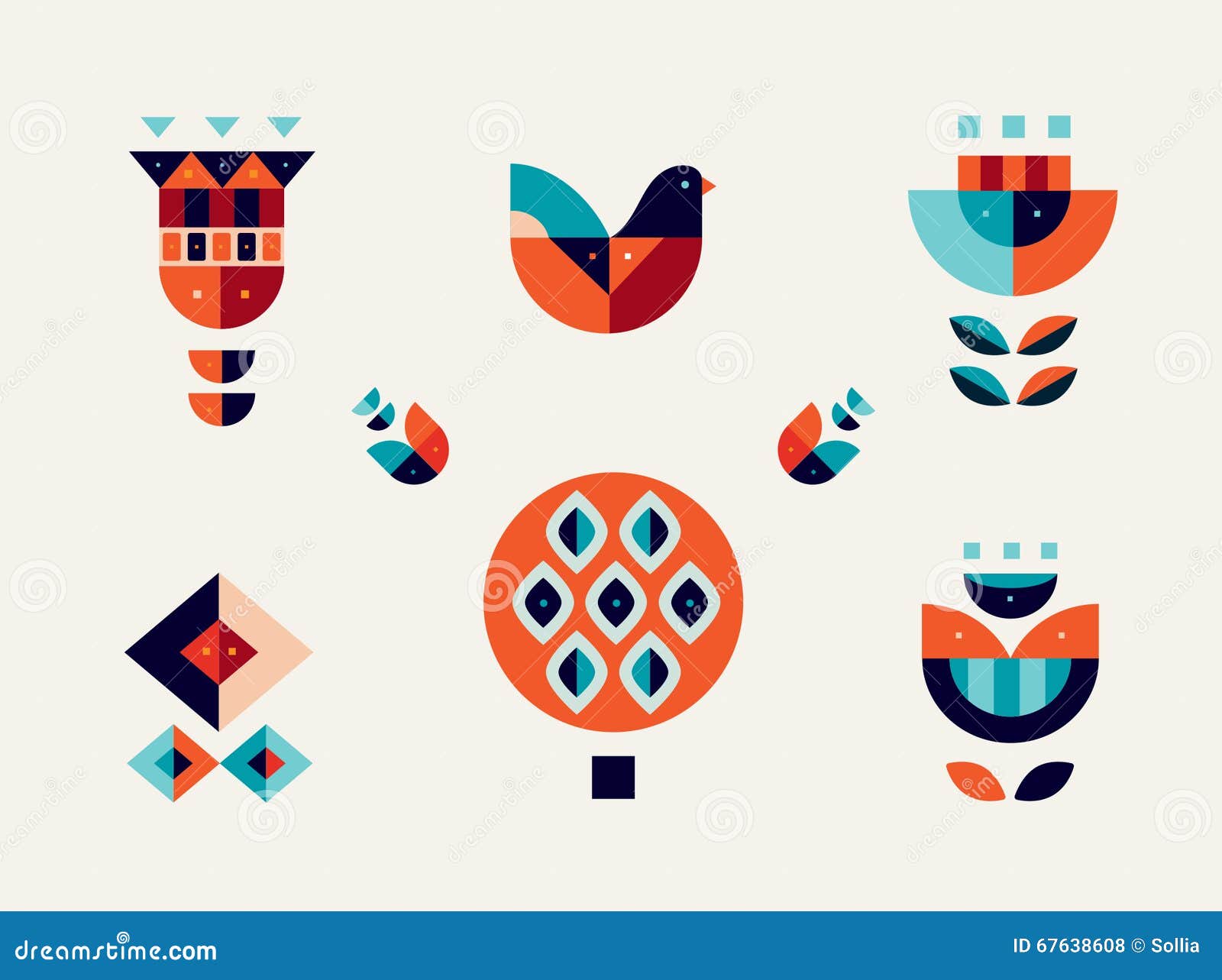 Flat Style Vector Icon Set Geometric Bird and Flowers Stock Vector ...