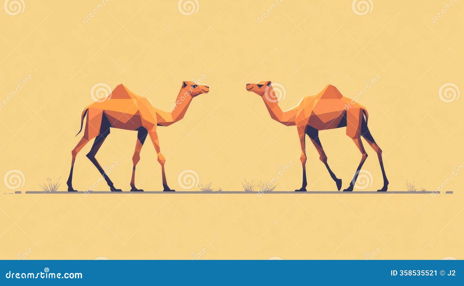 Geometric Camels in Desert Landscape with Minimalist Design Stock ...