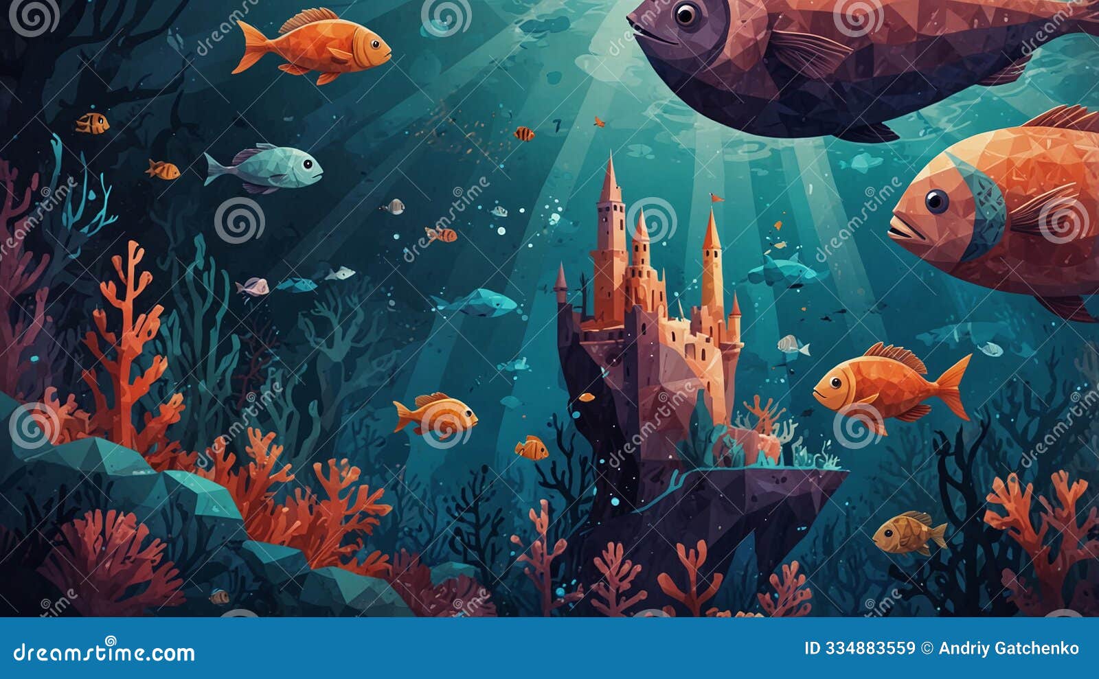 Geometric Cartoon Illustration of an Underwater Scene with Fish and a ...