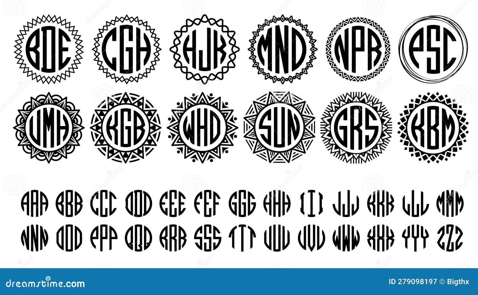 Geometric Circle Monograms Font Family with 3 Letters Stock Vector ...