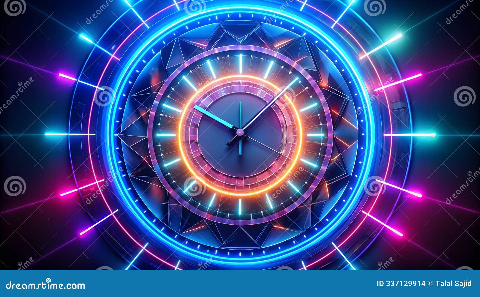A Geometric Clock Face Made of Glowing Neon Shapes Stock Photo - Image ...