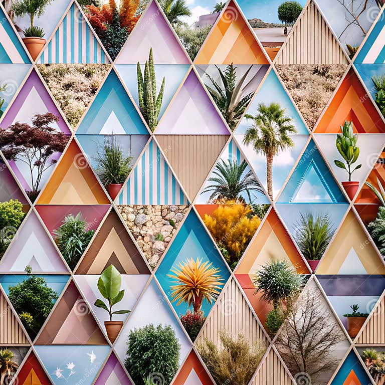 Geometric Collage with Plants and Colorful Triangular Patterns Stock ...