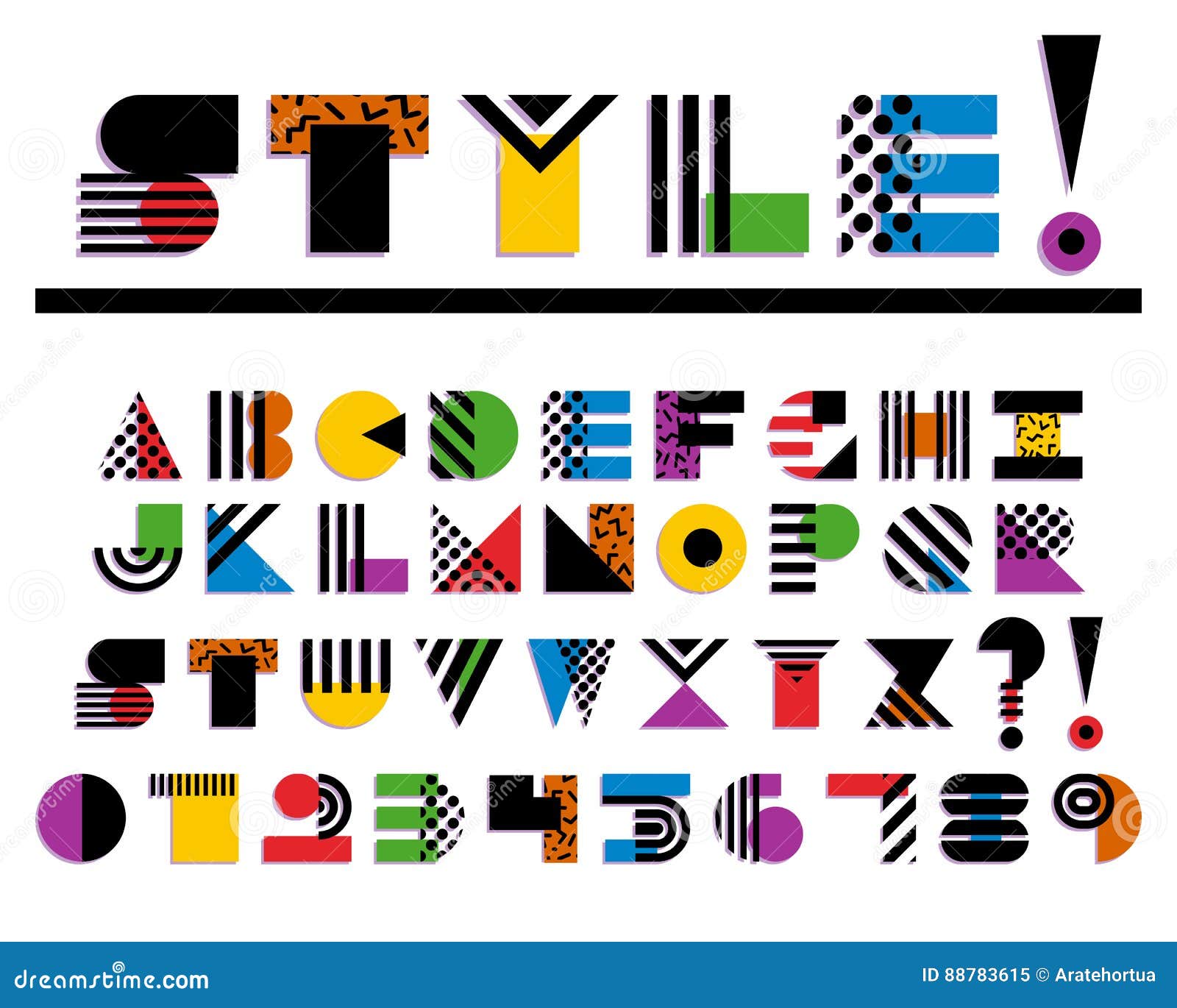 Geometric Colorful Font Isolated. 90s 80s Style Stock Illustration ...