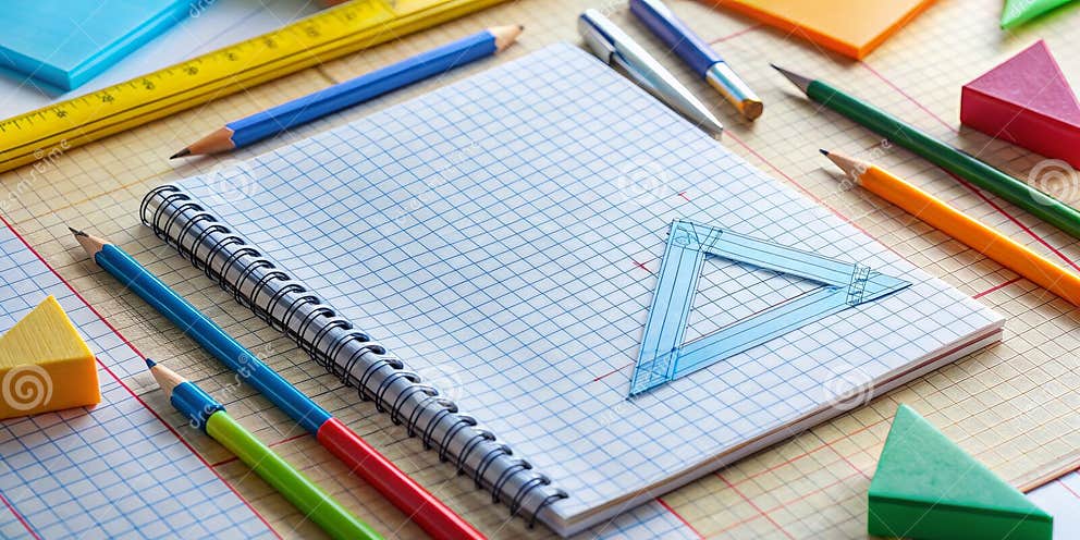 Geometric Composition with Blue Triangle Ruler on Gridded Notebook ...