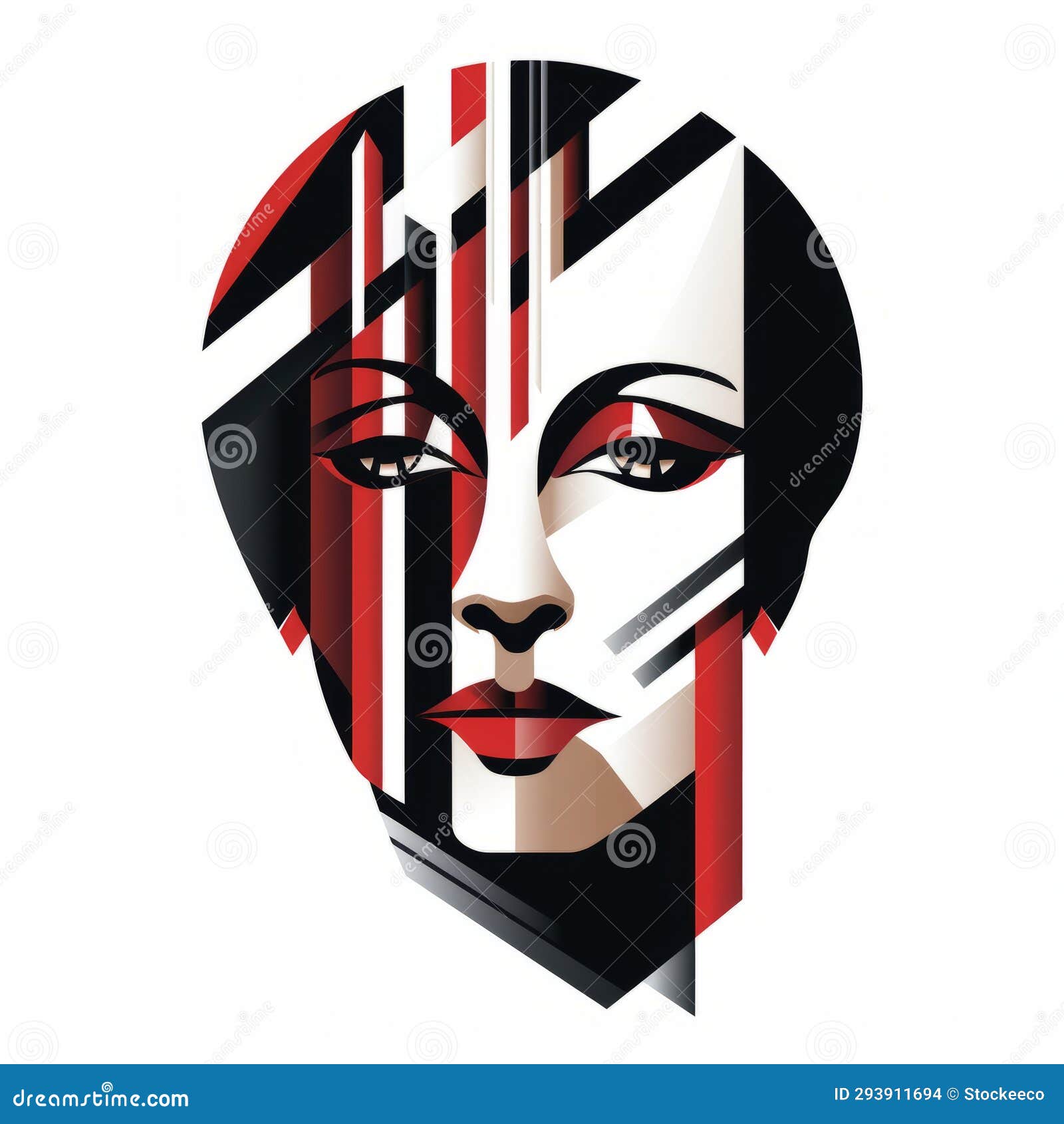 Geometric Composition Serene Face In Red And Black Stock Illustration