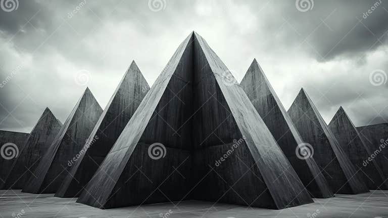 Geometric Concrete Pyramids Stand Tall Under a Dramatic, Cloudy Sky, AI ...