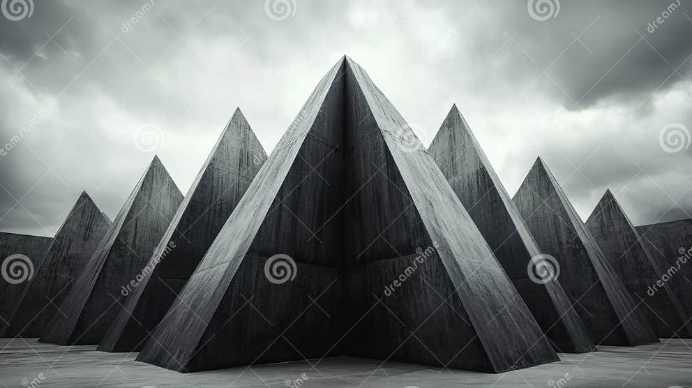 Geometric Concrete Pyramids Stand Tall Under a Dramatic, Cloudy Sky, AI ...