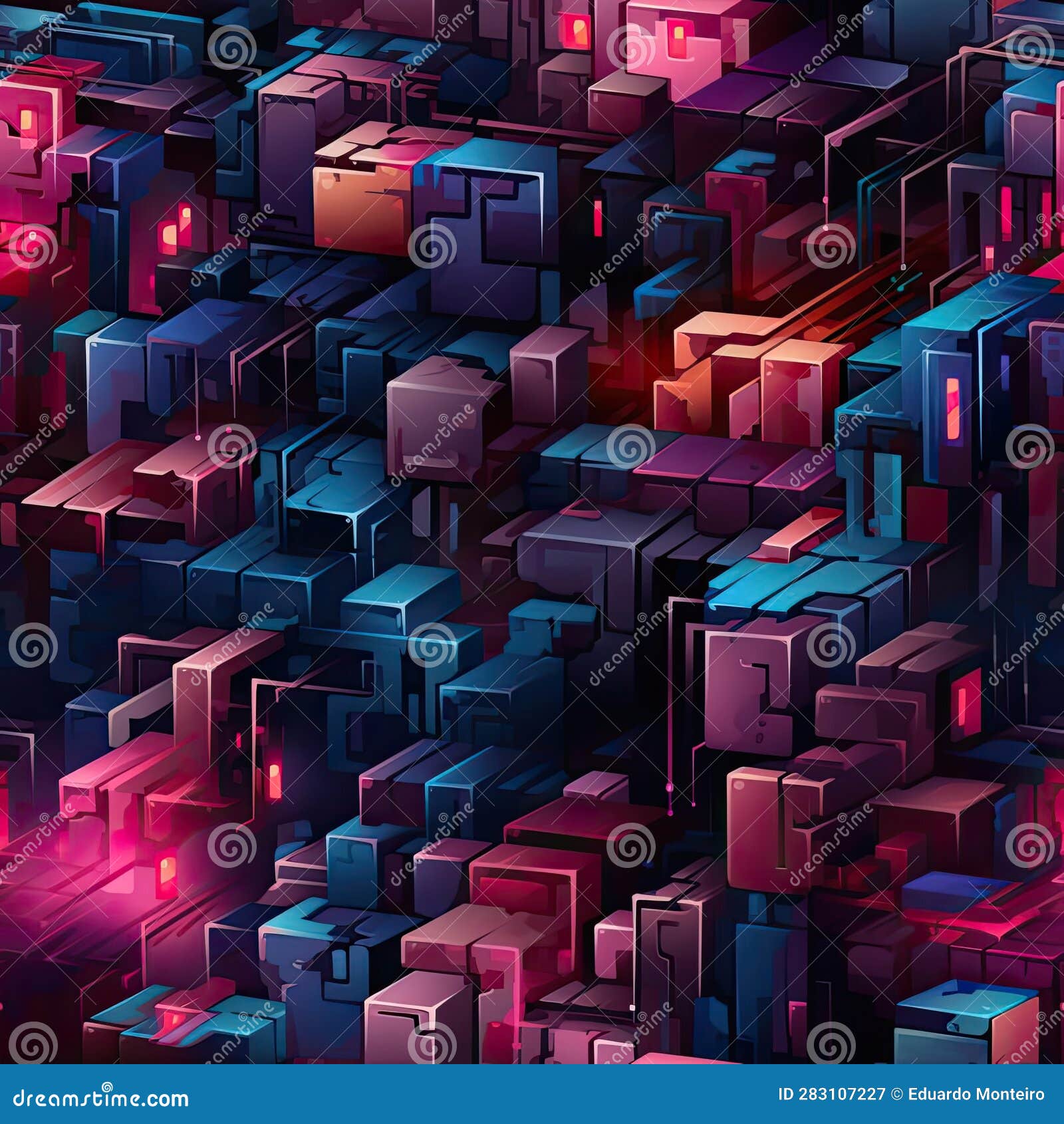 Geometric Cube Landscape Abstract in Dark Crimson and Blue (tiled ...