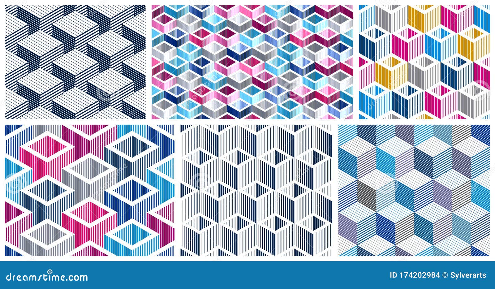 Geometric 3D Seamless Patterns with Lined Cubes, Stripy Boxes Blocks Vector Backgrounds Set ...