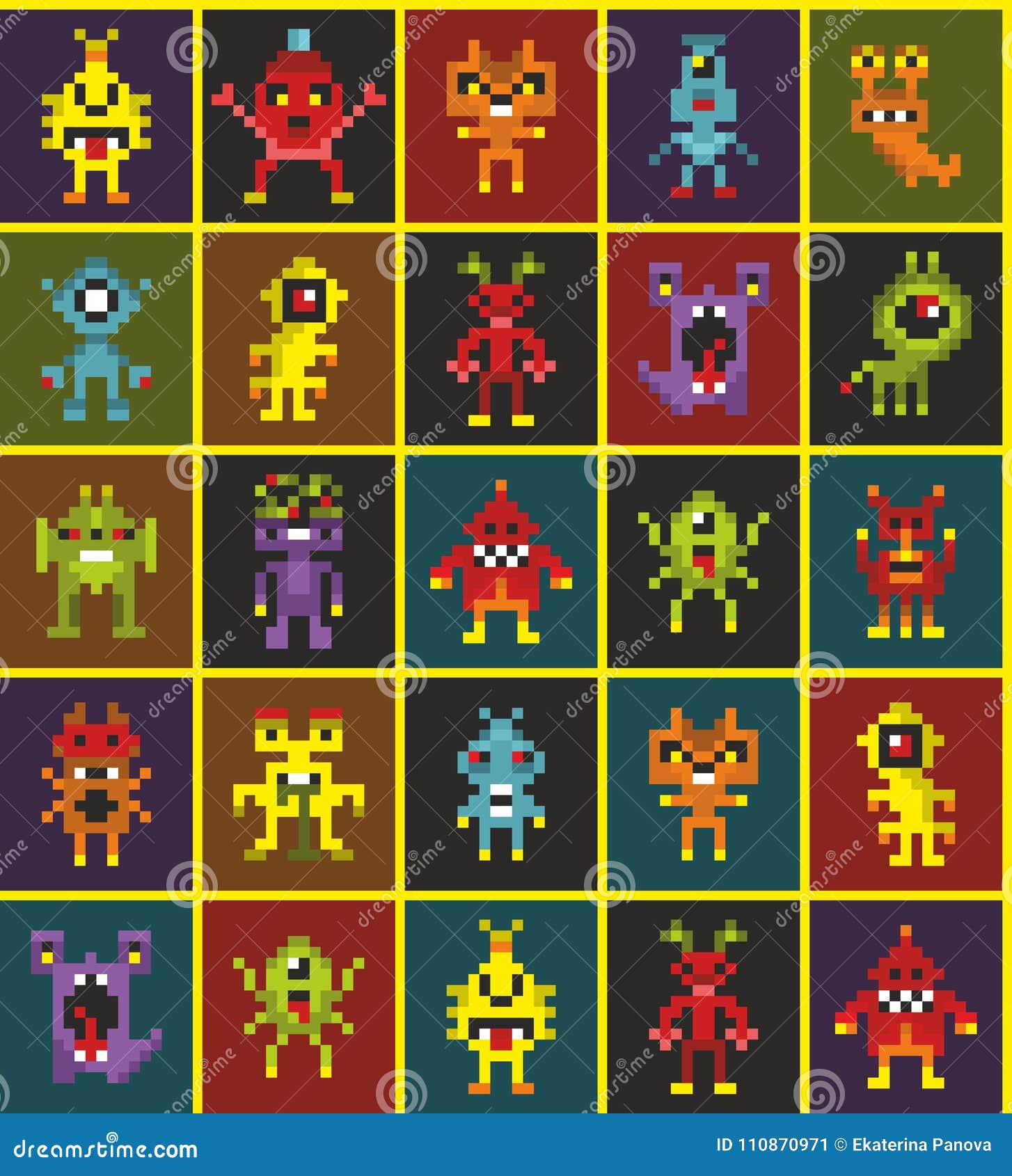 Geometric Designed Endless Wallpaper with Cute Pixel Monsters. Stock ...