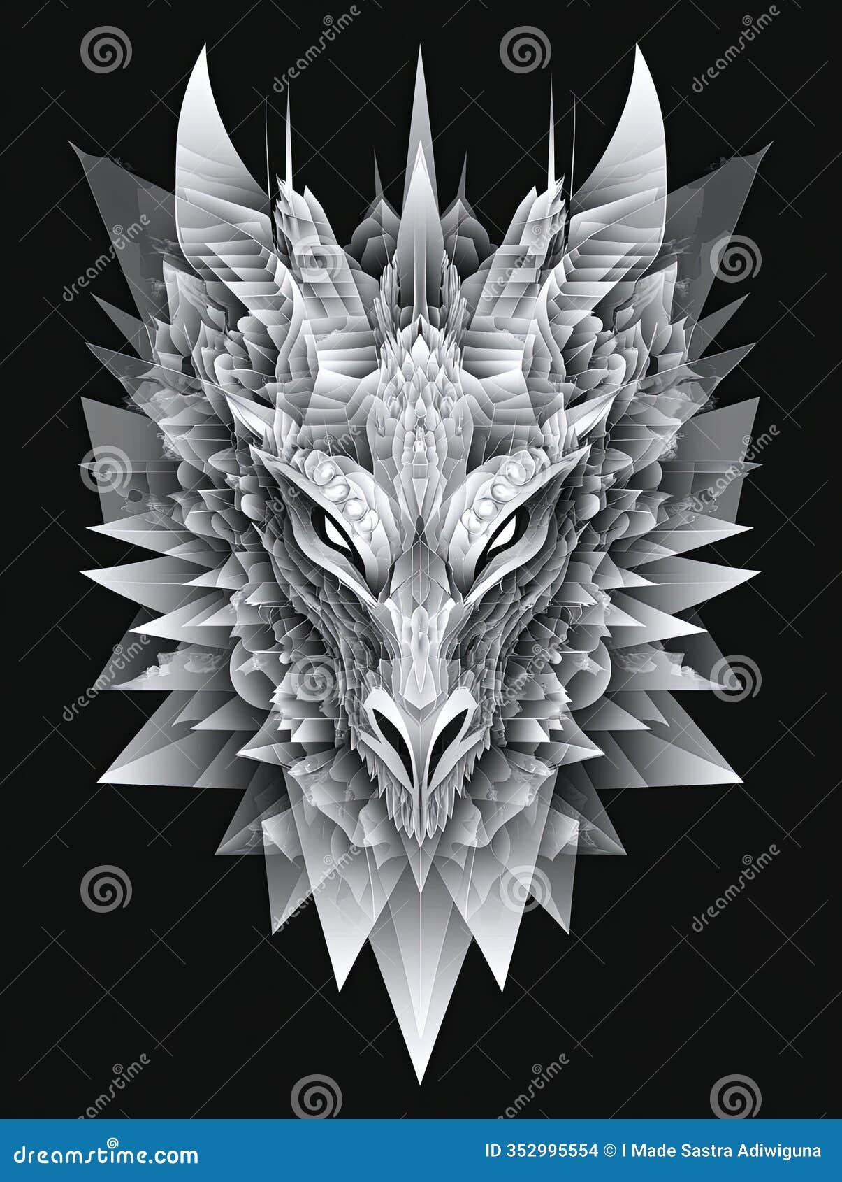 Geometric Dragon Head Illustration in Grayscale, Sharp Angles ...