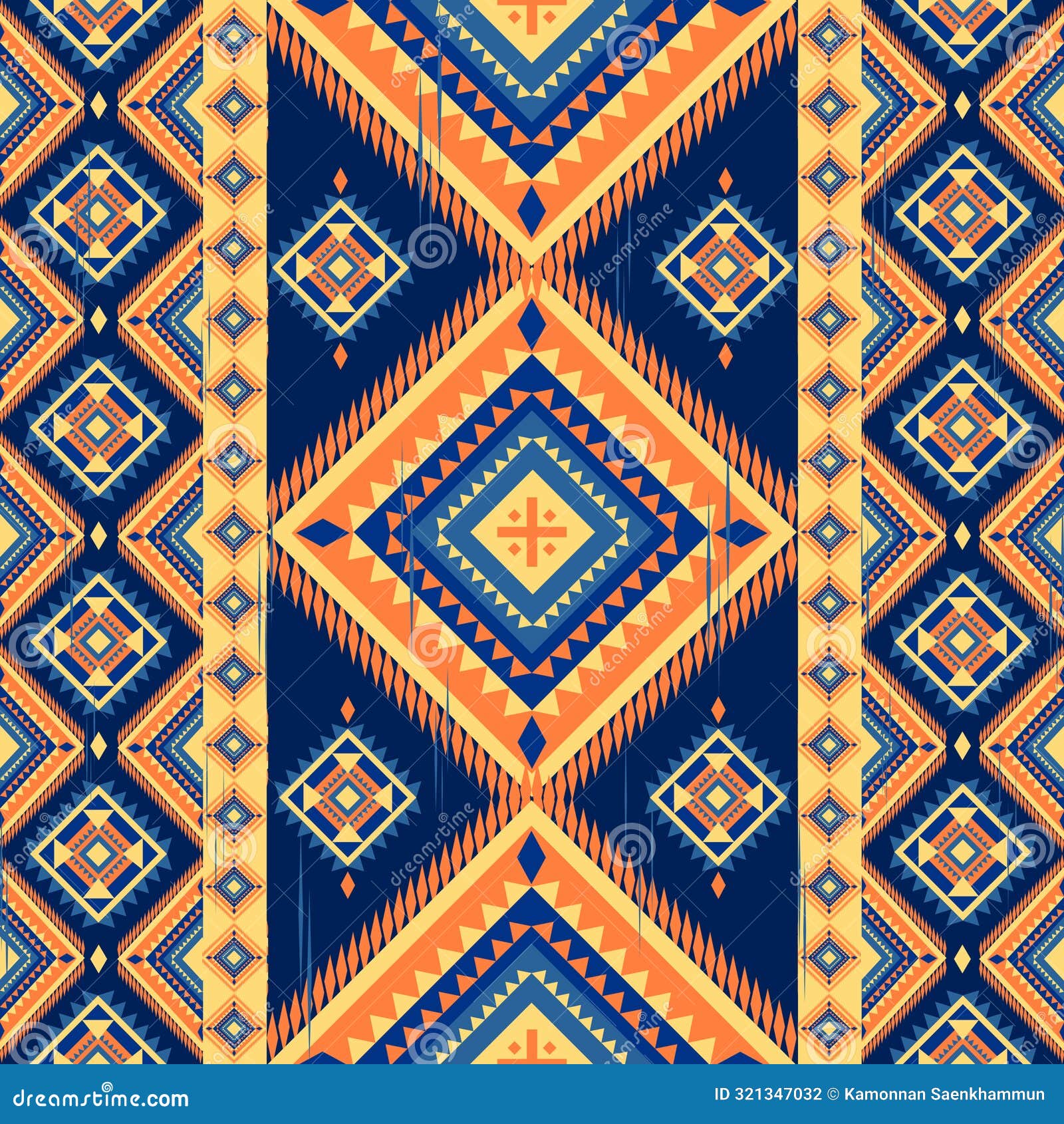 Geometric Ethnic Blue and Orange Pattern Vector Background. Seamless ...