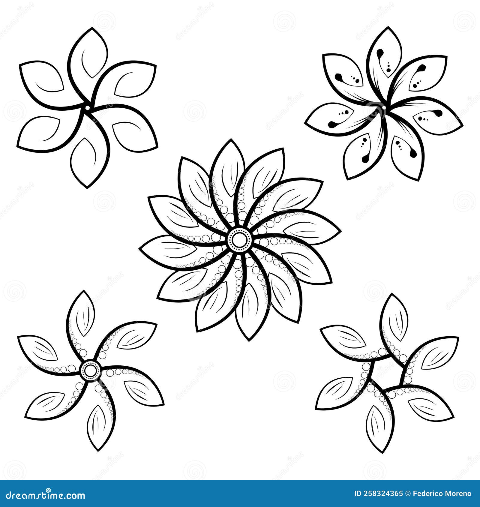 Geometric Flower Set Isolated on White Background. Linear Style Stock ...