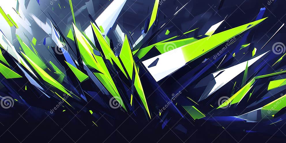 Geometric Fragmentation with Neon Green and Electric Blue Shards Exploding Across Shadowy ...