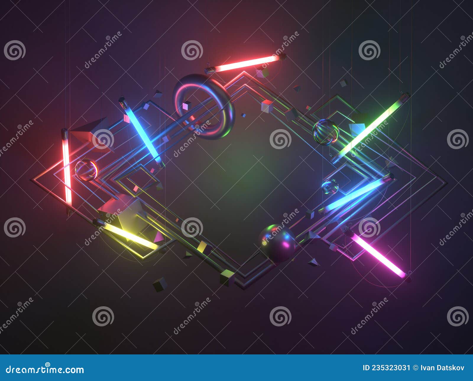 Geometric Frame with Fluorescent Lamps and Primitive. Stock ...