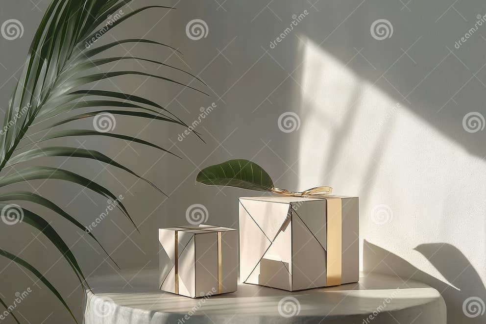 Geometric Gift Boxes are Placed Elegantly on a Round Table ...