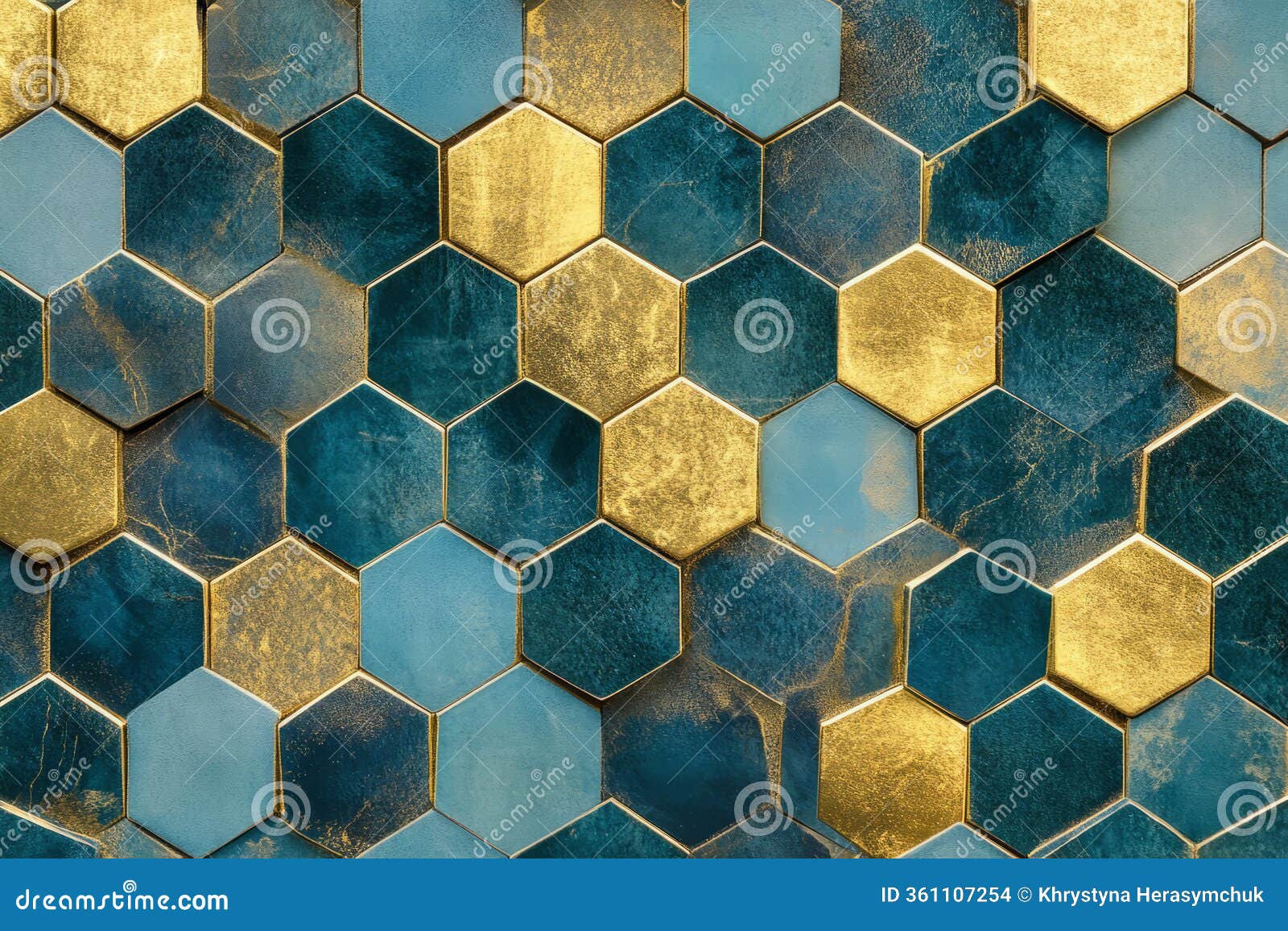 Geometric Hexagonal Patterns in Blue and Gold, Flowing into One Another ...