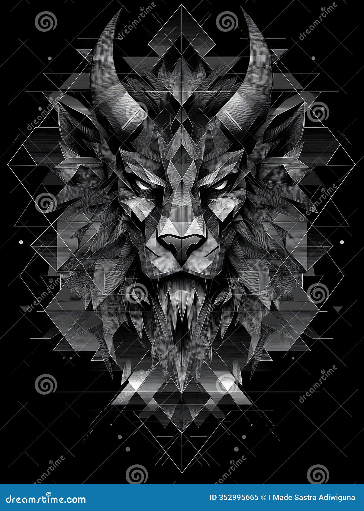 Geometric Lion Head with Horns on Black Background Stock Illustration ...
