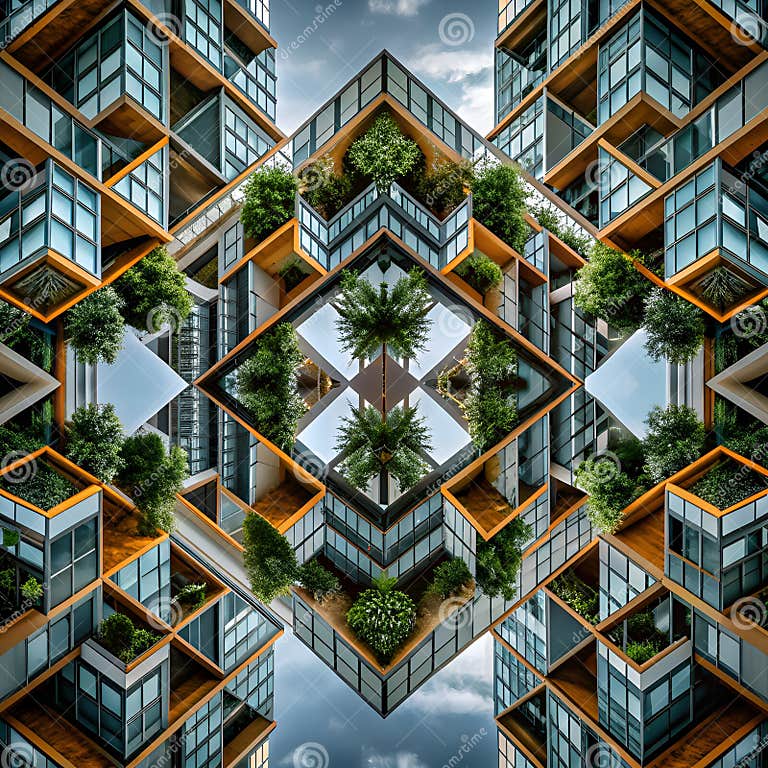 Geometric Modern Architecture with Greenery and Mirrored Reflections Stock Image - Image of ...