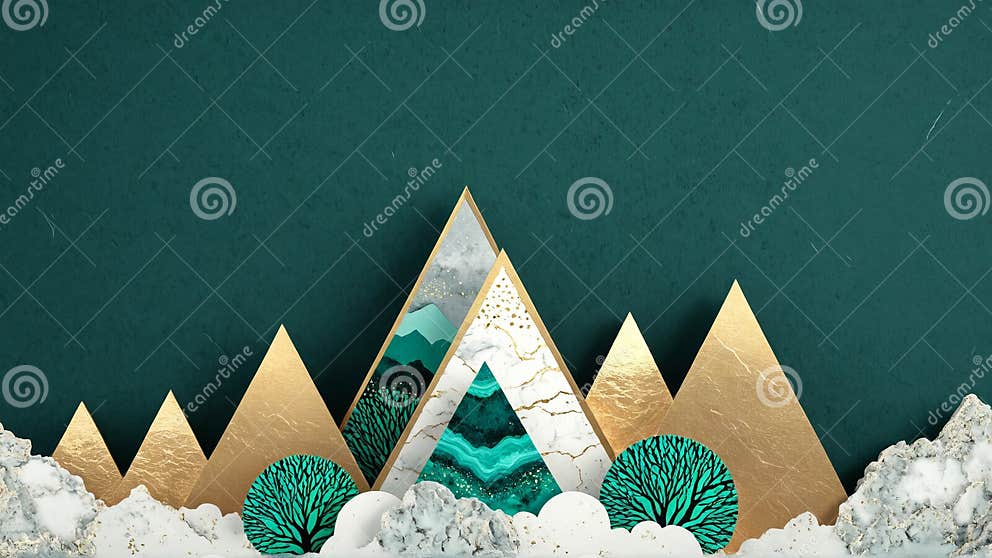 Geometric Mountainscape with Gold Textures and Abstract Ocean Elements ...