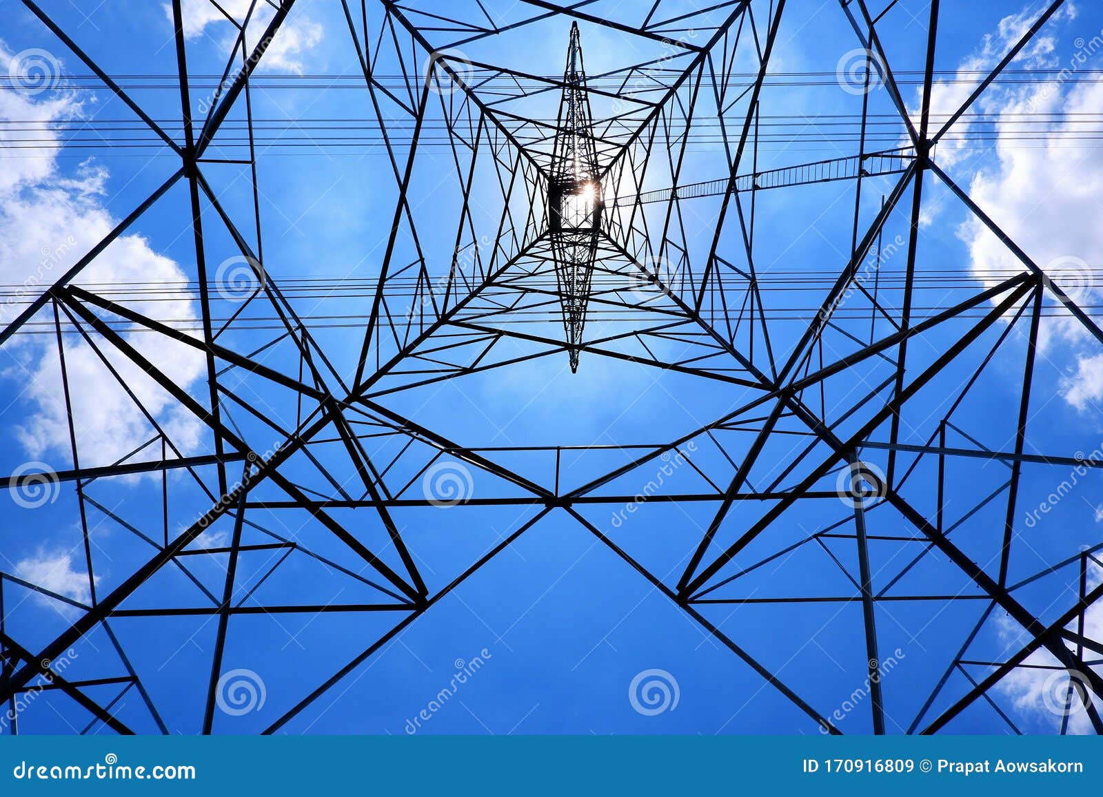 Geometric Pattern of High Voltage Tower Against Blue Sky Background ...