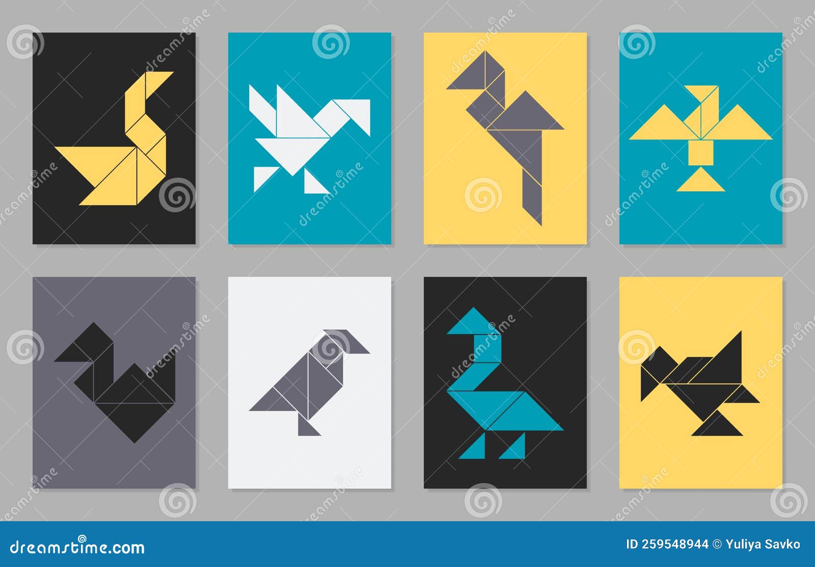 Colorful Posters With Eight Tangram Vector Birds Stock Vector Illustration Of Backdrop