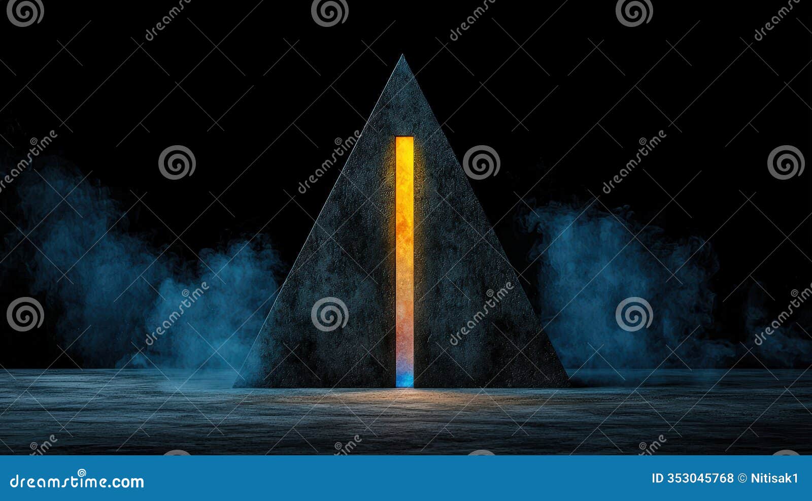 Geometric Pyramid with Glowing Strip Dark Atmosphere and Colorful Smoke ...