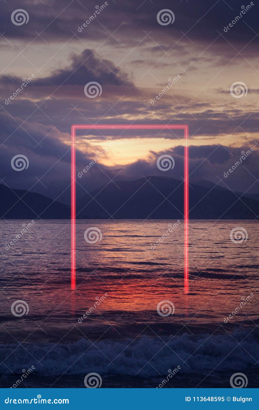 Geometric Red Neon Glowing Rectangular Gate in the Sea Stock Image ...