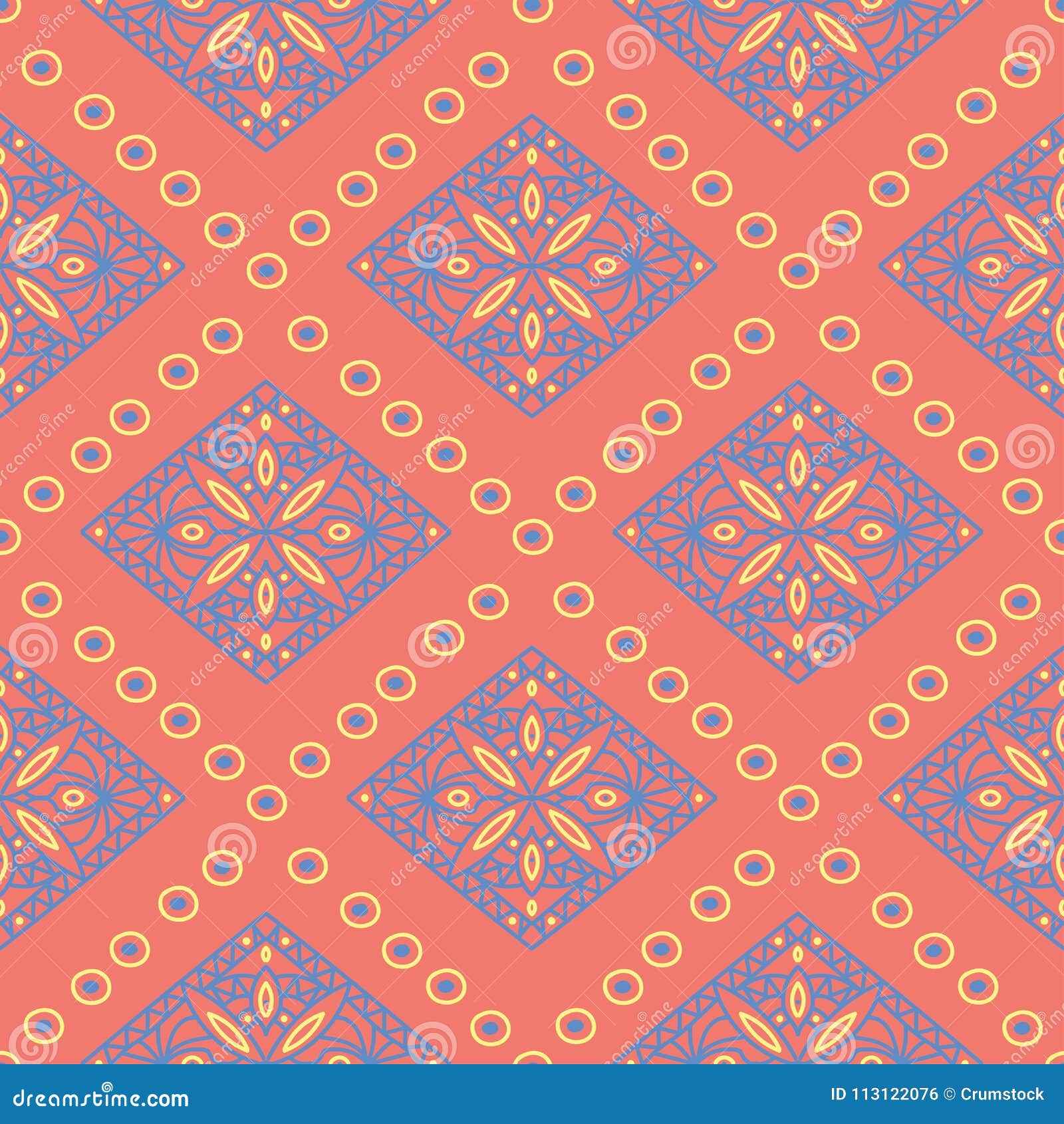 Geometric Red Orange Seamless Pattern. Bright Background with Blue and ...