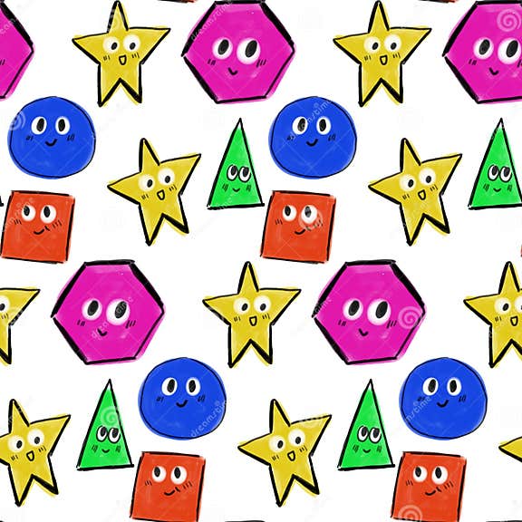 Geometric Shapes Characters Seamless Pattern, Cute Star, Square and ...