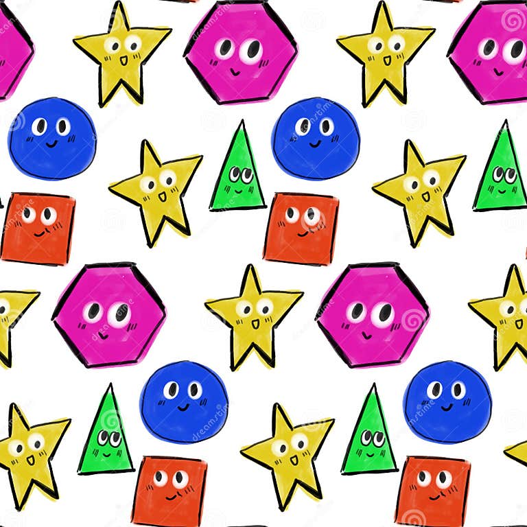 Geometric Shapes Characters Seamless Pattern, Cute Star, Square and ...
