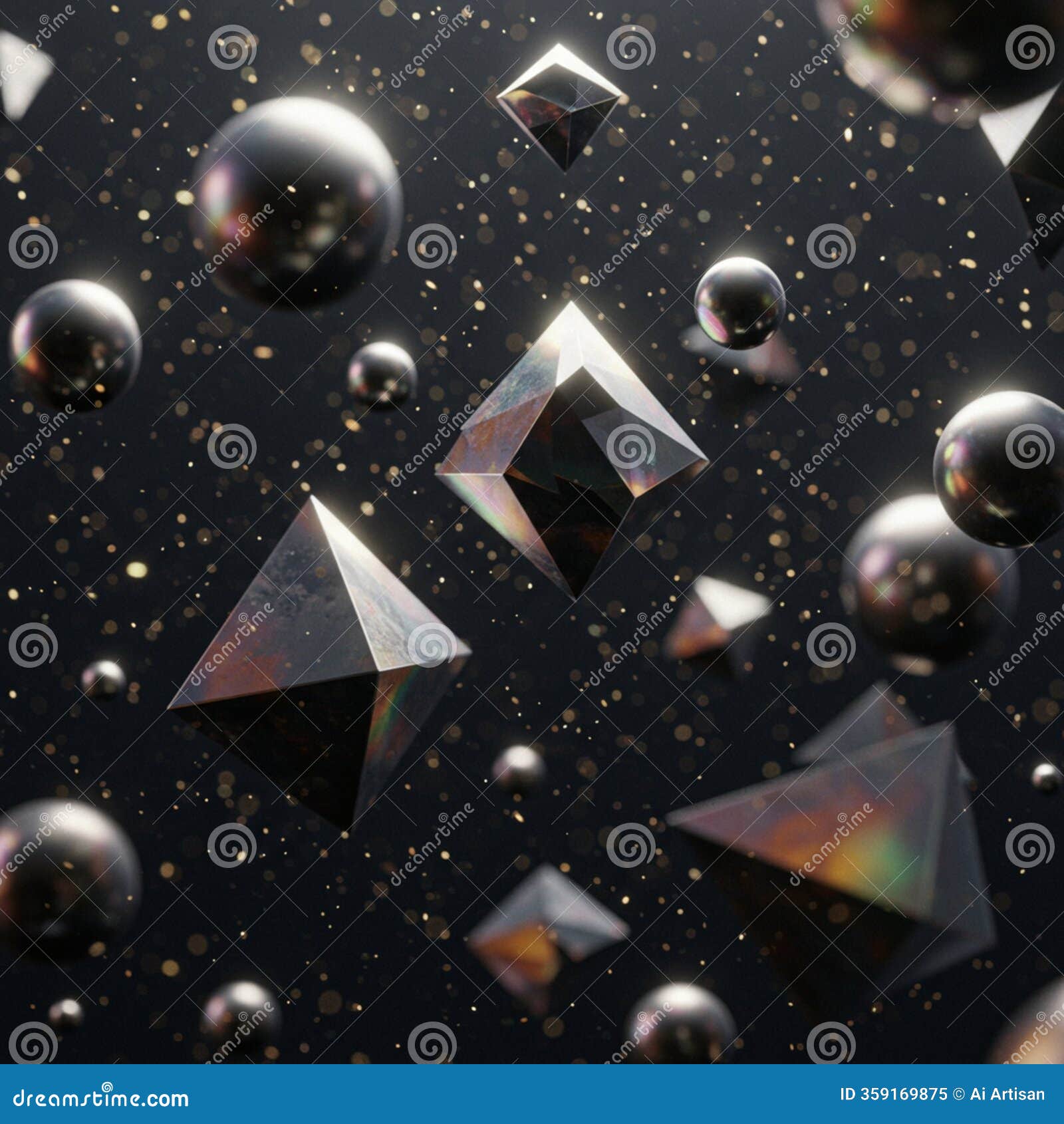 Geometric Shapes, Including Pyramids and Spheres, Float in a Dark ...