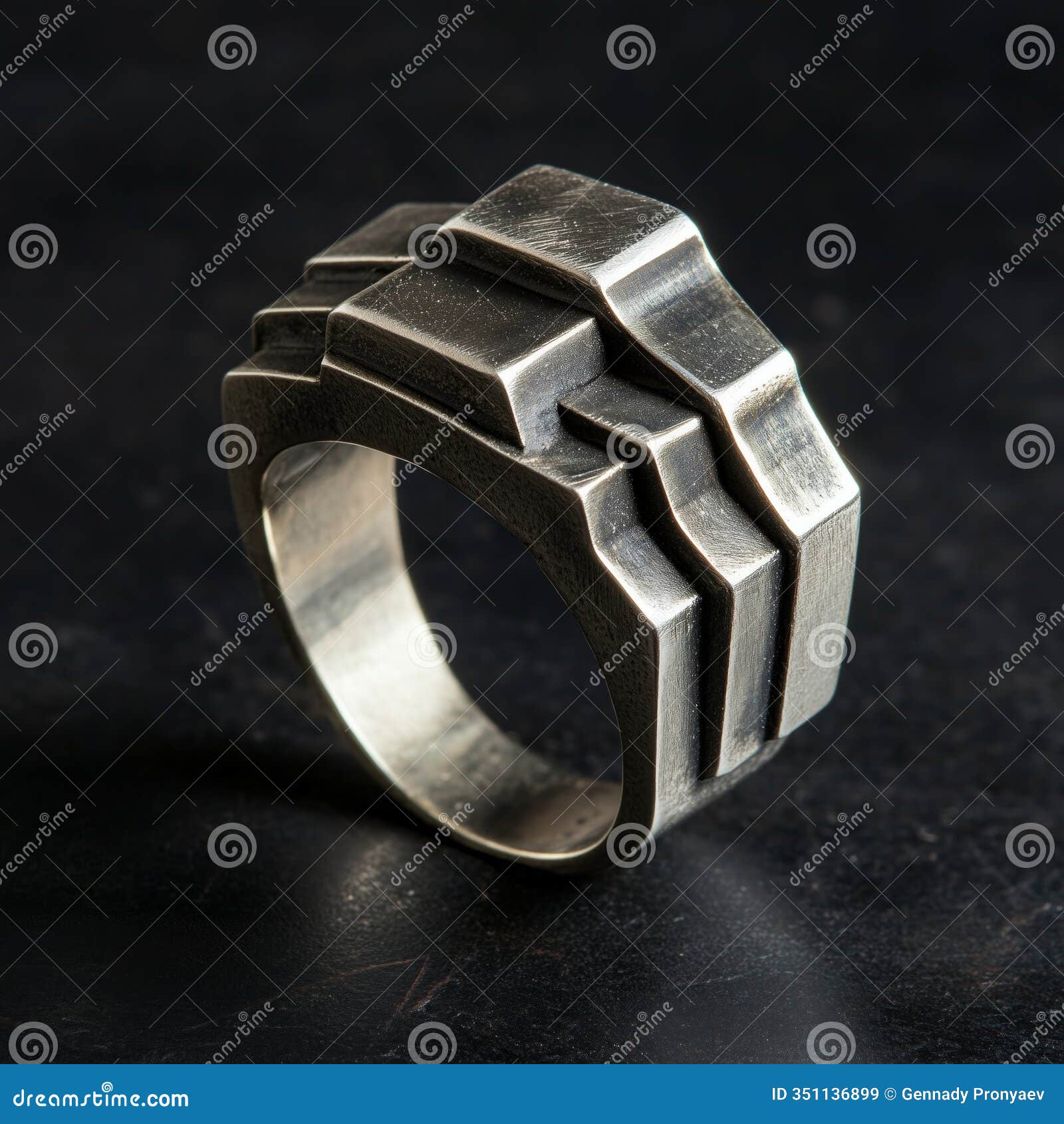 Geometric Silver Ring with Modern Architectural Design on Black ...