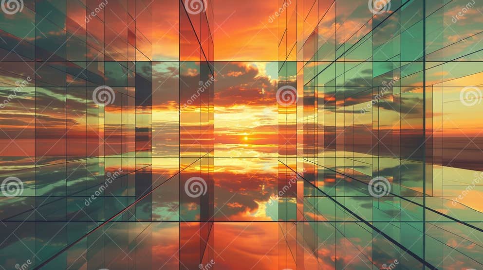 A Geometric Sunset Reflected in a Mirrored Surface Creating an Infinite ...
