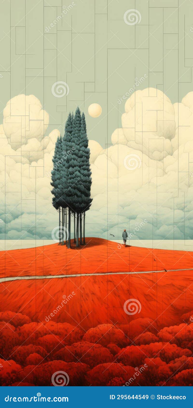 Geometric Surrealism: A Detailed Painting Of Trees And Clouds Royalty ...