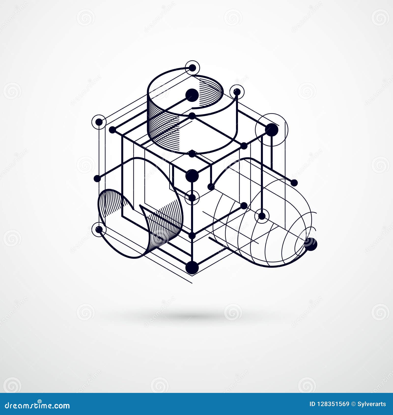 Geometric Technology Vector Black and White Drawing, 3D Technical ...