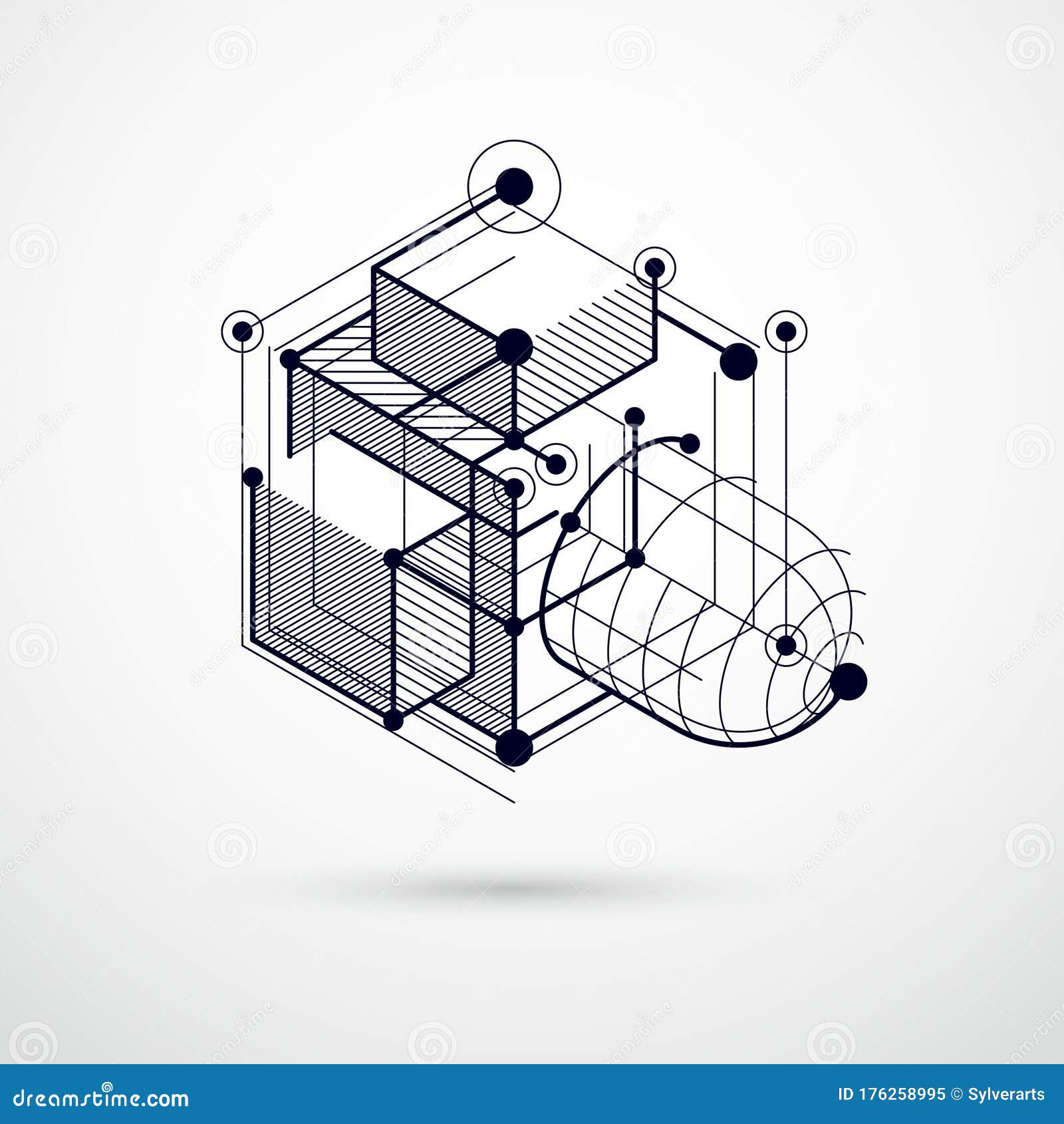 Geometric Technology Vector Black and White Drawing, 3D Technical ...