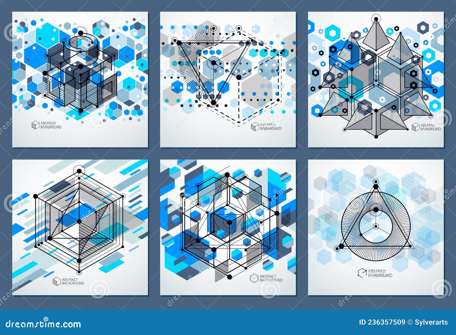 Geometric Technology Vector Blue Drawings Set, 3D Technical Wallpaper ...