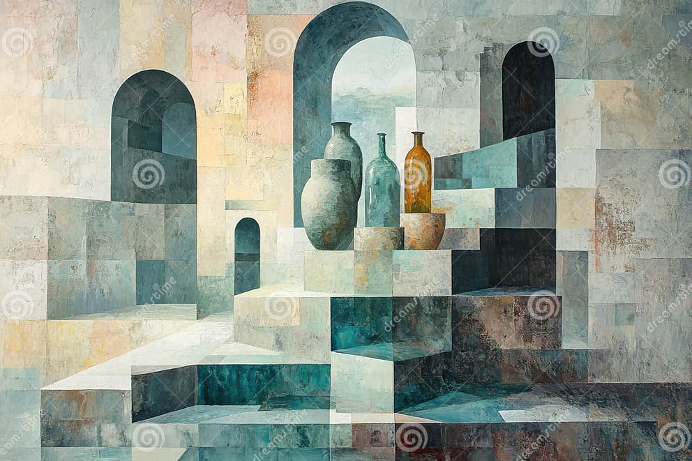 Geometric Waterfall Painting with Architectural Elements and Vases ...