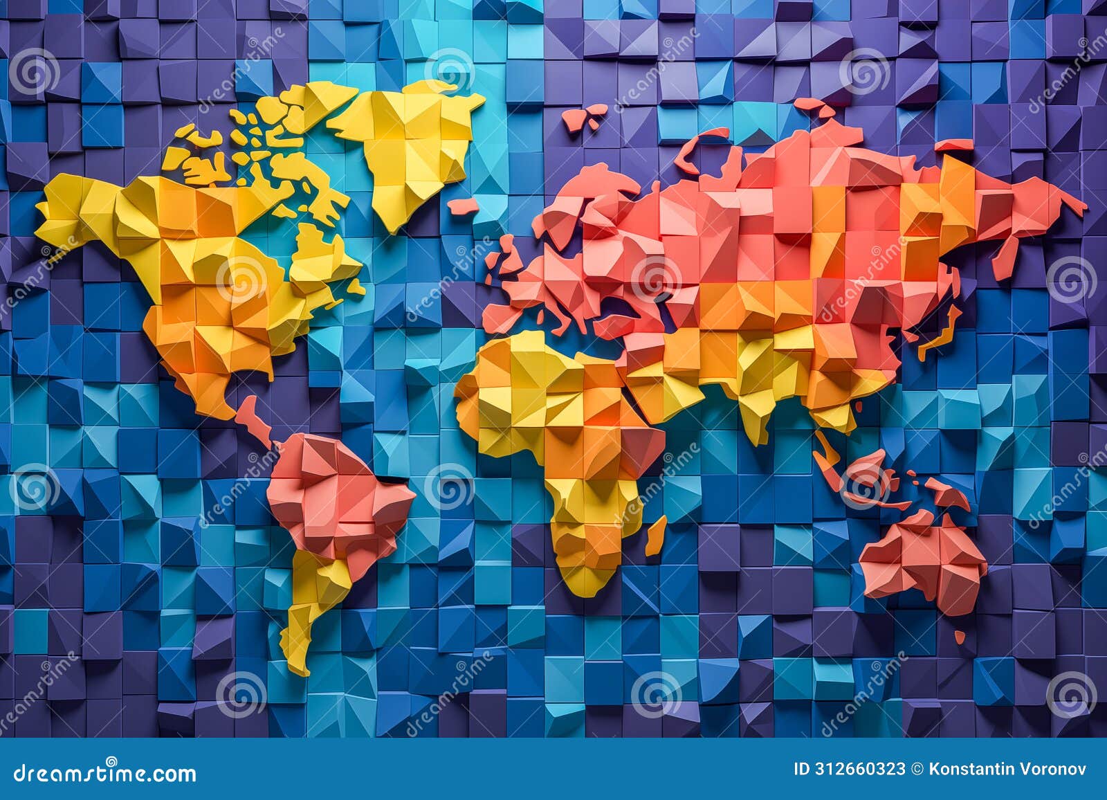Geometric World Map Composed of Colorful Blocks, Symbolizing Global ...