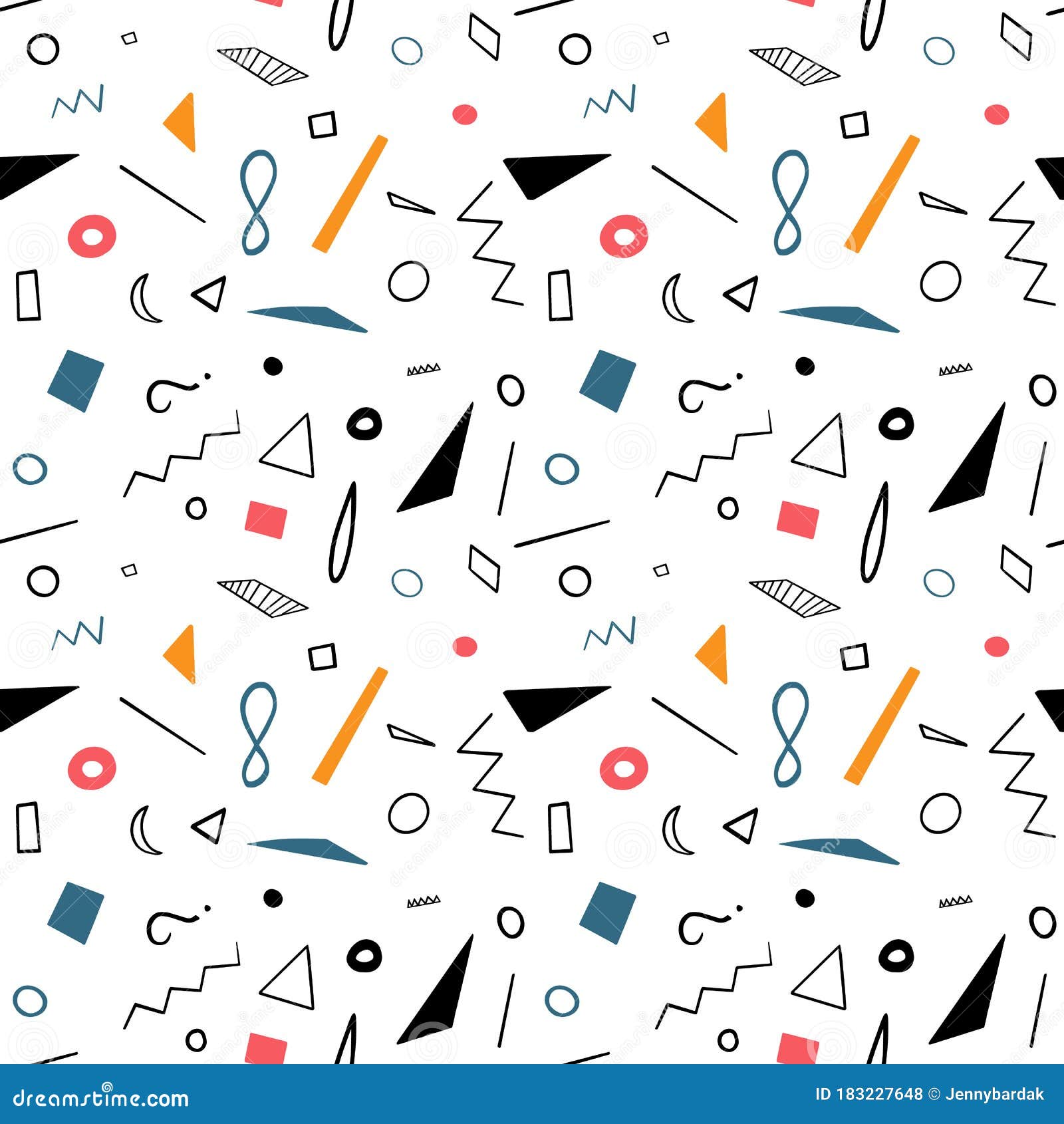 Geometrical Abstract Shapes Seamless Pattern with Red, Blue, Yellow and Black Elements on White ...