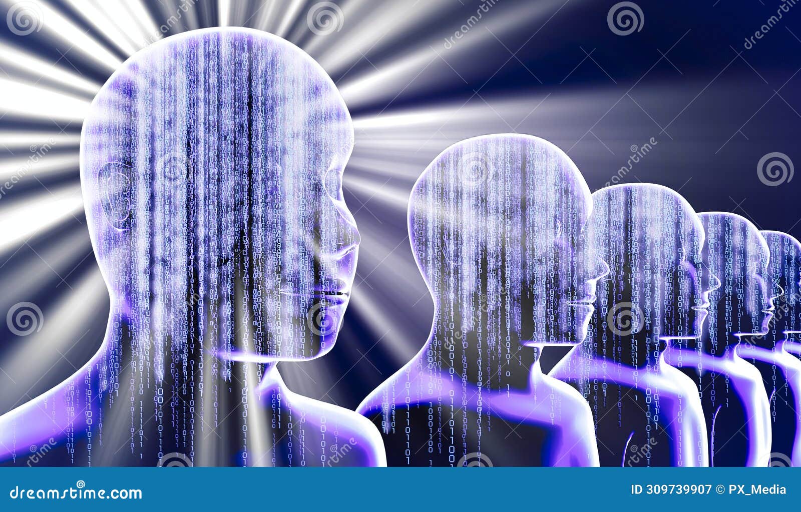 Geometrical Men Faces with Binary Code and Rays of Light Stock ...