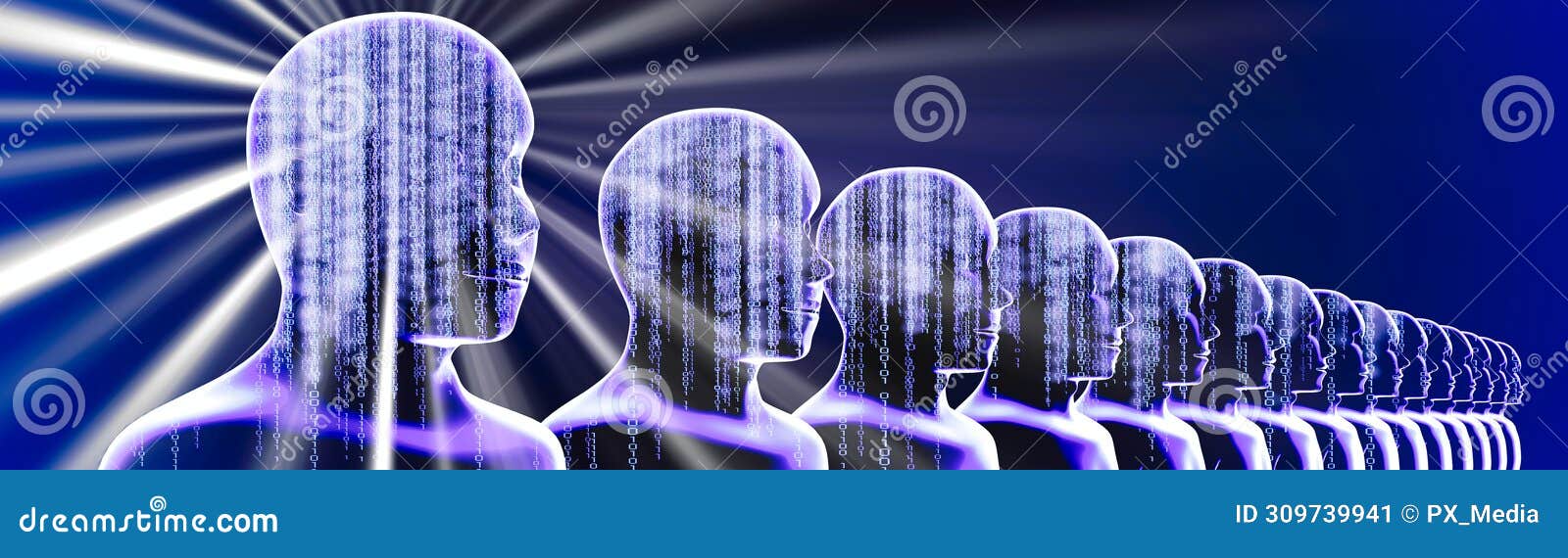 Geometrical Men Faces with Binary Code and Rays of Light Stock ...