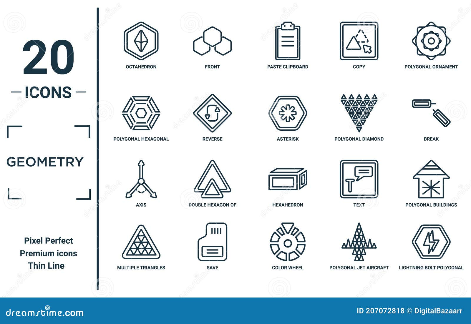 Geometry Linear Icon Set. Includes Thin Line Octahedron, Polygonal ...